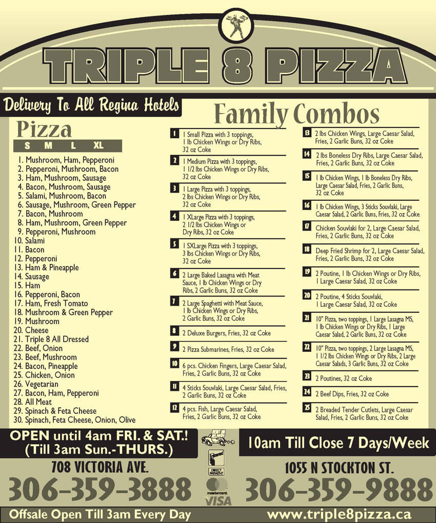 Menu | Triple 8 Pizza Menu | Regina Food Delivery | Triple 8 Restaurant